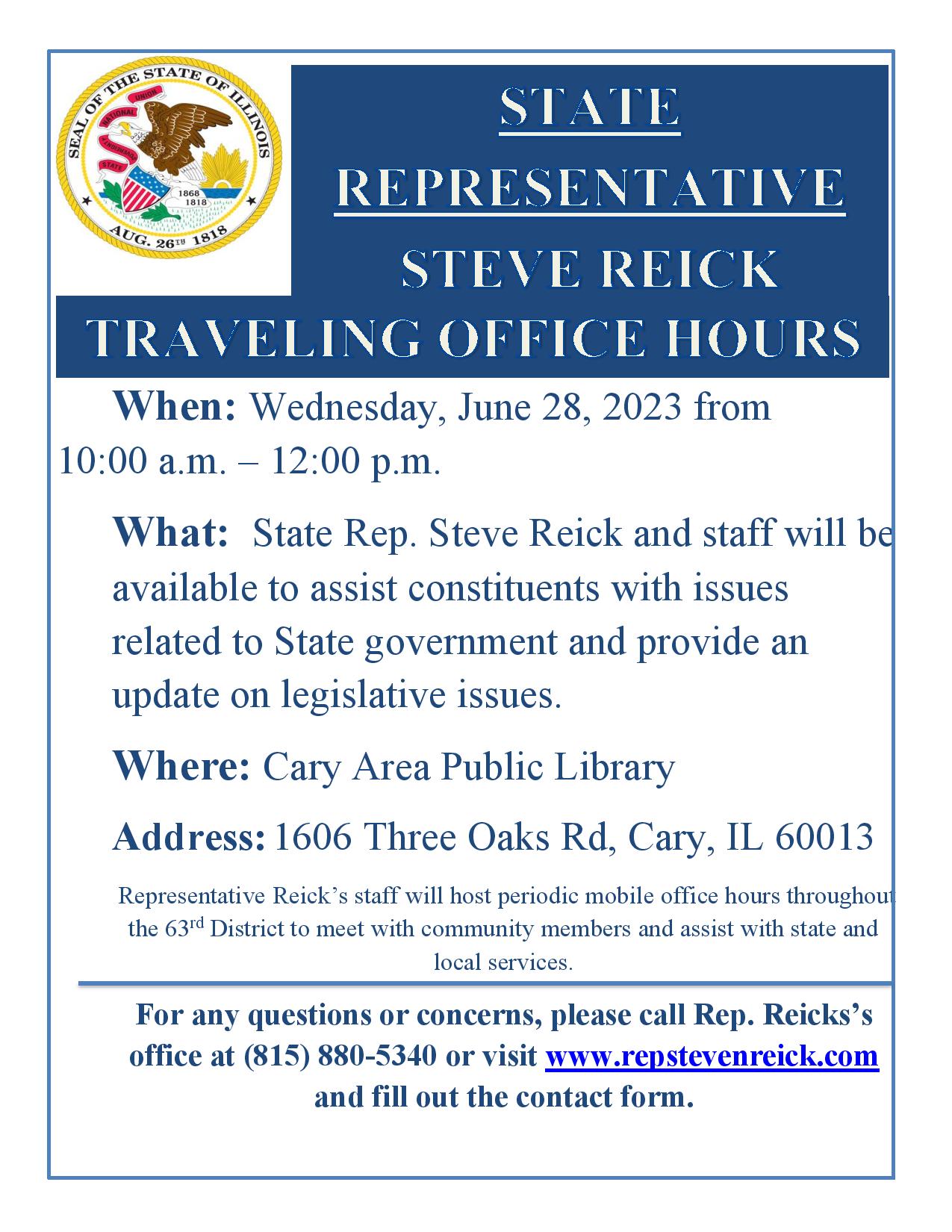 Rep. Reick’s Traveling Office Hours! - Steve Reick
